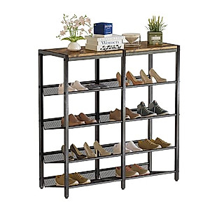Lamerge Shoe Rack Storage Organizer, 5-Tier Shoe Storage Shelf for 16 Pairs,Stackable Shoe Shelf with 4 Metal Mesh Shelves /wood tabletop,for Entryway, Hallway, Closet, Dorm Room,Rustic Brown