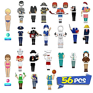 56 PCS Magnetic Dress-up Pretend Play Doll Set with 21 Occupations Jobs, Perfect for Preschool Learning