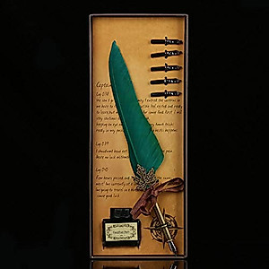 Fountain Pens, Handmade Dip Pen English Calligraphy Feather Dip Quill Pen Writing Ink Set with 5 Replacement Metal Nibs and Pen Nib Base for Stationery(Green)