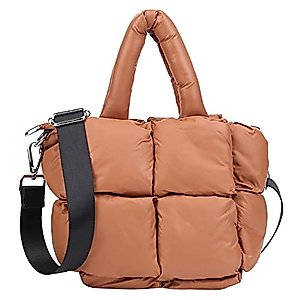 AZURAOKEY Puffer Tote Bag, Check Cotton-Padded Bag Autumn Winter Lady Soft Puffer Shoulder Bag Warm for Work (Brown)