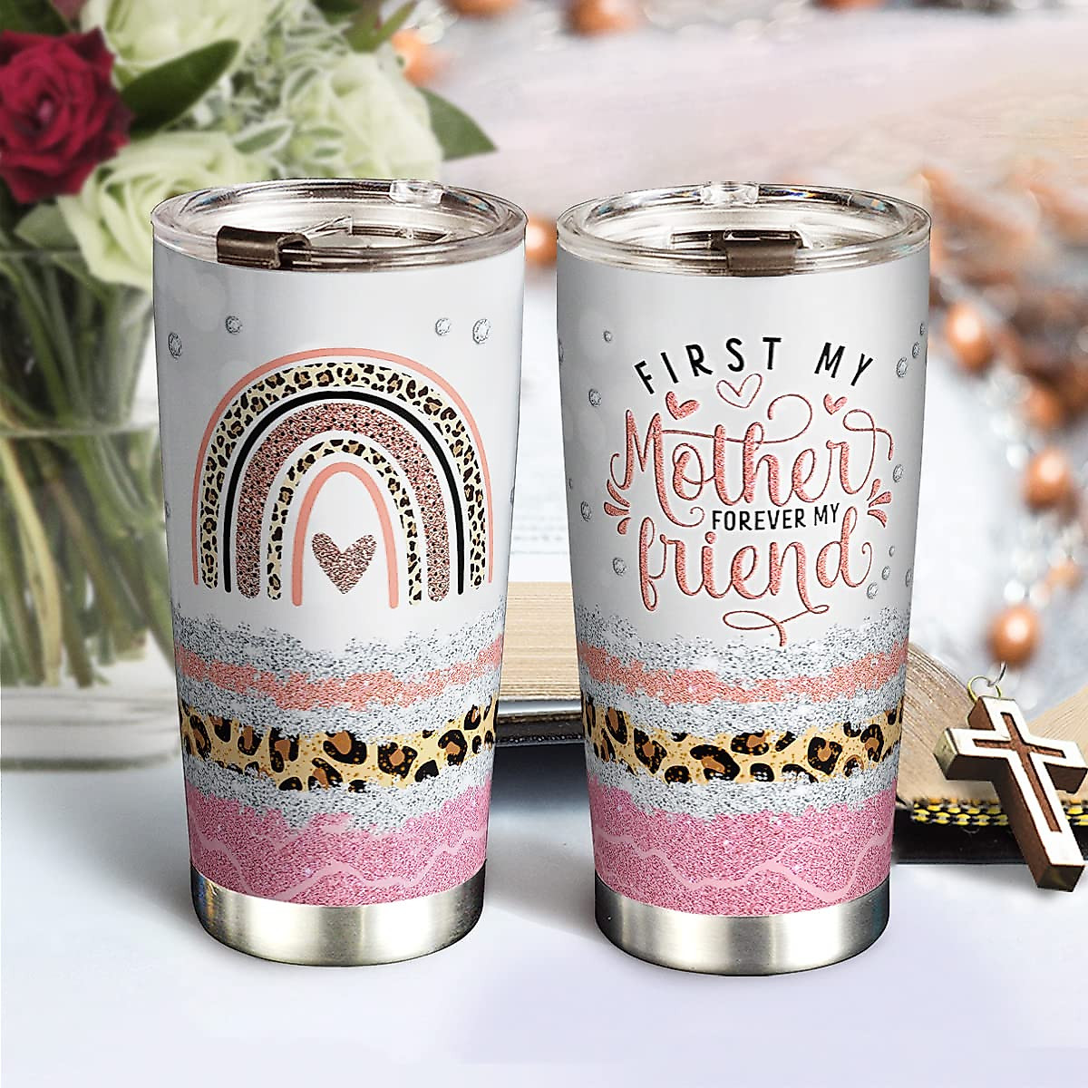 20oz Mom Tumbler, First my Mother forever my Friend, Grandma, Mother Gifts, Coffee Thermos for Women, Stainless Steel Double Wall Vacuum Insulated Coffee Mug, Travel Cup with Lid