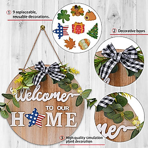 MerryNine 30cm/11.8" Round Welcome Door Sign, Interchangeable Seasonal Icon Wooden Wall Decoration, Various Holiday Christmas New Year Decoration for Garden/Porch/Farmhouse/Store