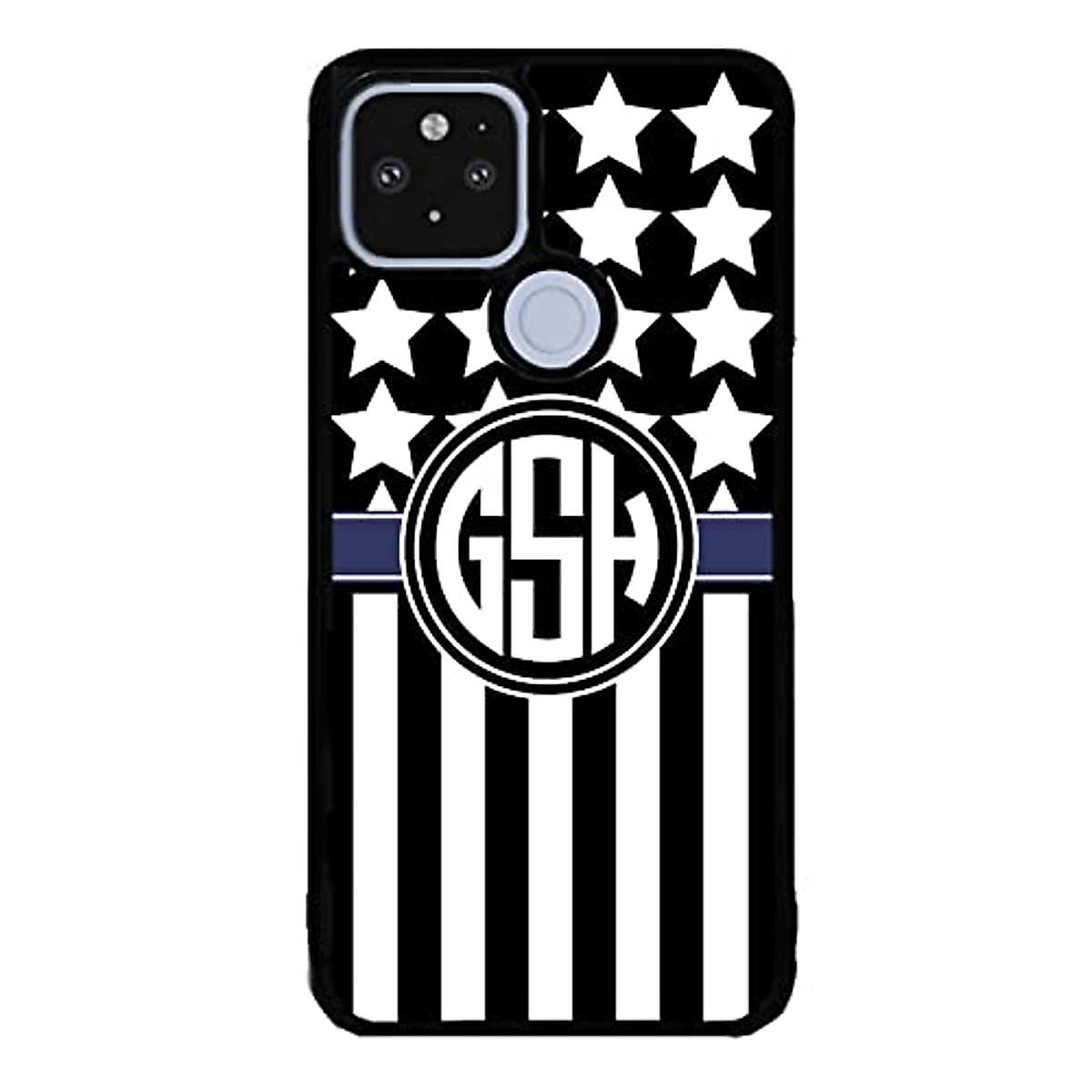 American Flag USA Thin Blue Line Police Monogram Black Rubber Phone Case Compatible With Google Pixel 8 Pro, 8a, 8, 7a, 7, Pixel 7 Pro, 6a, 6 Pro, 6, 5, 4a 5G, 4a 4G, 4, 4 XL, 3a, 3a XL, 3, 3 XL
