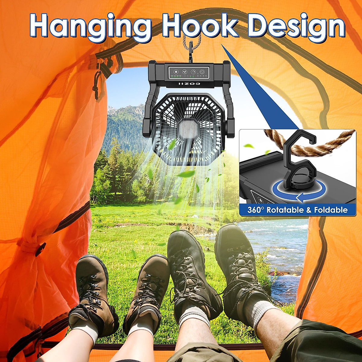 COZII 20000mAh Battery Operated Fan - Camping Fan Rechargeable with 3 Colors Light, 4 Speeds, 4 Timing, Adjustable Head, Portable Battery Powered Tent Fan with Hanging Hook for Picnic, BBQ