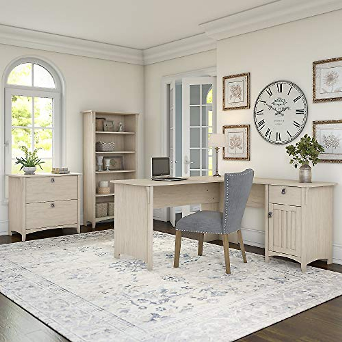 Bush Furniture Salinas L Shaped Desk with Lateral File Cabinet and 5 Shelf Bookcase, 60W, Antique White