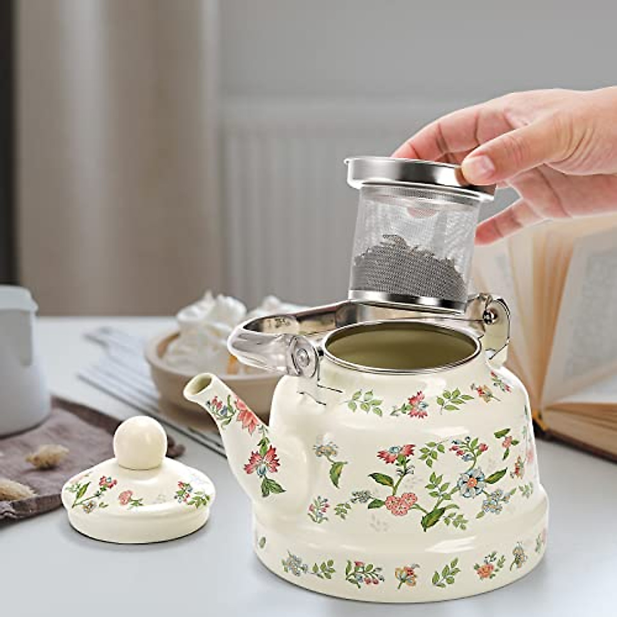 Jucoan 1.8 Quart Enamel Tea Kettle, Vintage Green Floral Enamel on Steel Teapot Water Kettle with Filter and Cool Grip Stainless Steel Handle for Stovetop Induction Gas, No Whistling Teakettle