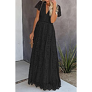 PRETTYGARDEN Women's Floral Lace Maxi Dress 2023 Short Sleeve V Neck Bridesmaid Wedding Evening Party Dresses(Black,X-Large)