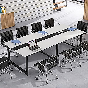 Tribesigns 8FT Rectangle Conference Table, 94.49L x 47.24W x 29.53H Inches Large Meeting Table Seminar Table for Office Conference Room, Modern Wood Training Table with Strong Metal Frame (White)