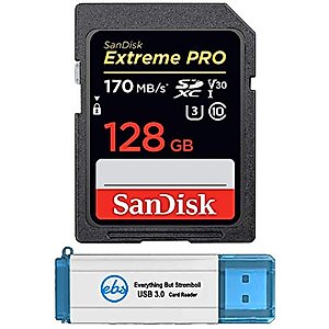 SanDisk Extreme Pro 128GB SDXC Card for Canon Camera Compatible with EOS M50 Mark II, EOS Ra Class 10 UHS-1 (SDSDXXY-128G-GN4IN) Bundle with (1) Everything But Stromboli 3.0 SD Memory Card Reader