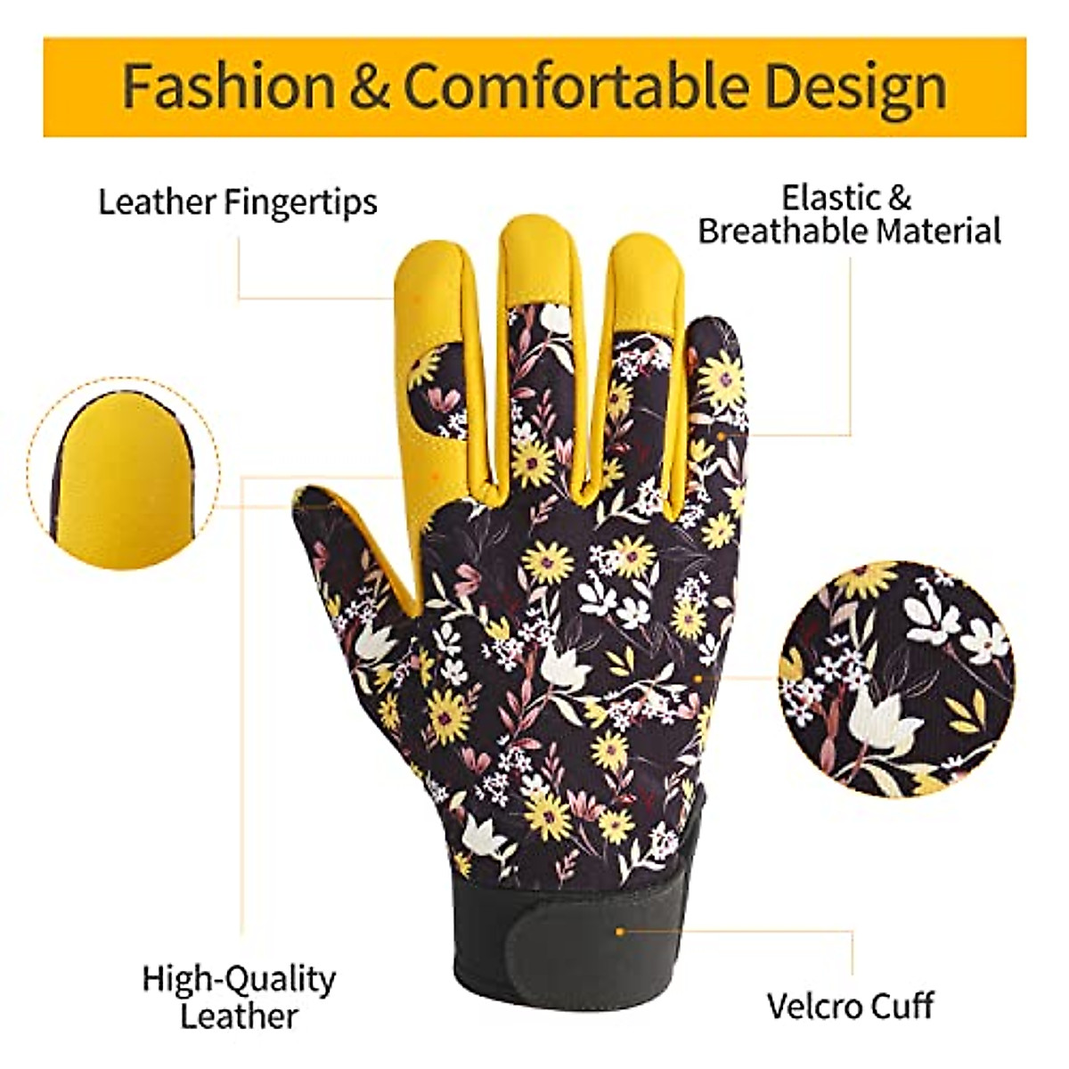 Norala Gardening Gloves for Women,Breathable Leather Daisy Flower Work Gloves with Velcro Cuff Thorn Proof Gloves for Yard/Garden