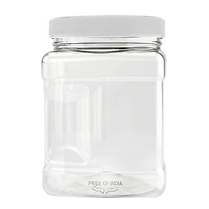 Pride Of India Clear Food Grade PET Plastic Square Grip Storage Jar w/Cap | 32 Fluid Ounces (3-4 Cup Storage Capacity) | BPA Free USA Made