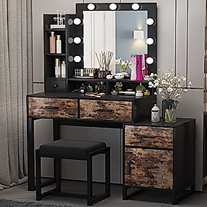 PAKASEPT Makeup Desk with Mirror and Lights, Desk and Chair, Vanity Table Set with Cushioned Stool, Shelves & Drawers, Storage Cabinet for Bedroom, Brown