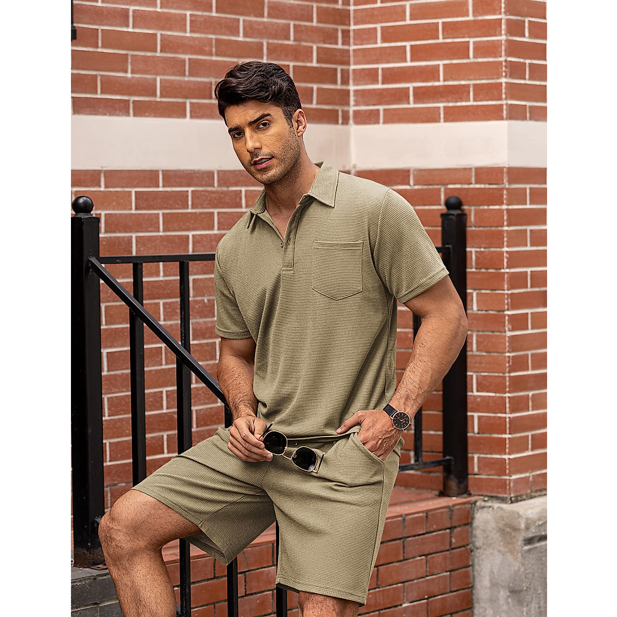 COOFANDY Men's Waffle Knit Polo Shirt and Shorts Set 2 Pieces Outfits Summer Suit Casual Tracksuit with Pockets