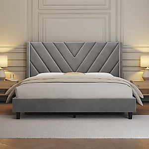 Yaheetech Upholstered Platform Bed with Wing Side Headboard,Heavy Duty Wooden Slat Support/No Box Spring Needed/Easy Assembly, Light Gray Full Bed
