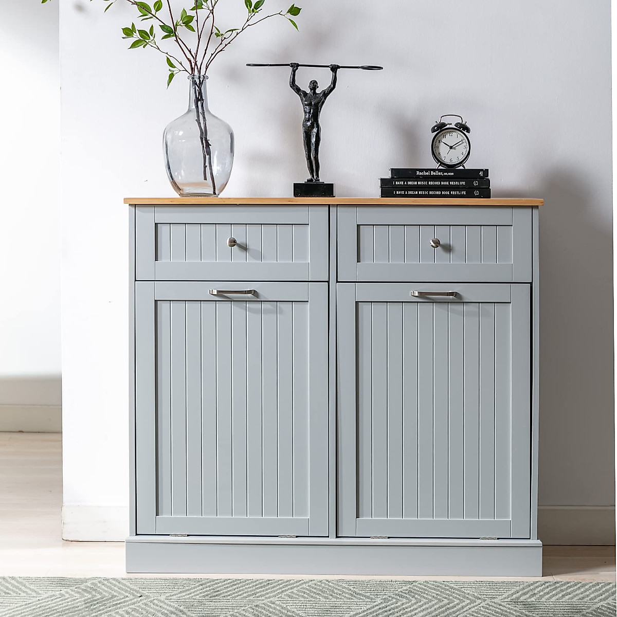 Double Trash Cabinet Tilt Out 20 Gallon, Pet Proof Kitchen Trash Cabinet Laundry Hamper with Cutting Board, Wood Garbage Recycling Station Hideaway Trash Holder Drawers (Grey)