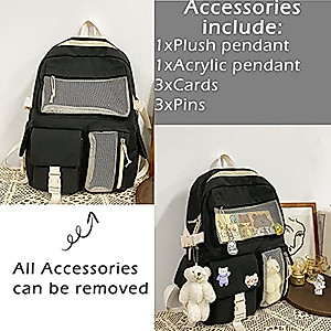 CM C&M WODRO Kawaii Backpack for Girls Women with Pin Bear Accessories Cute College High School Backpack Laptop Bookbag Black+White