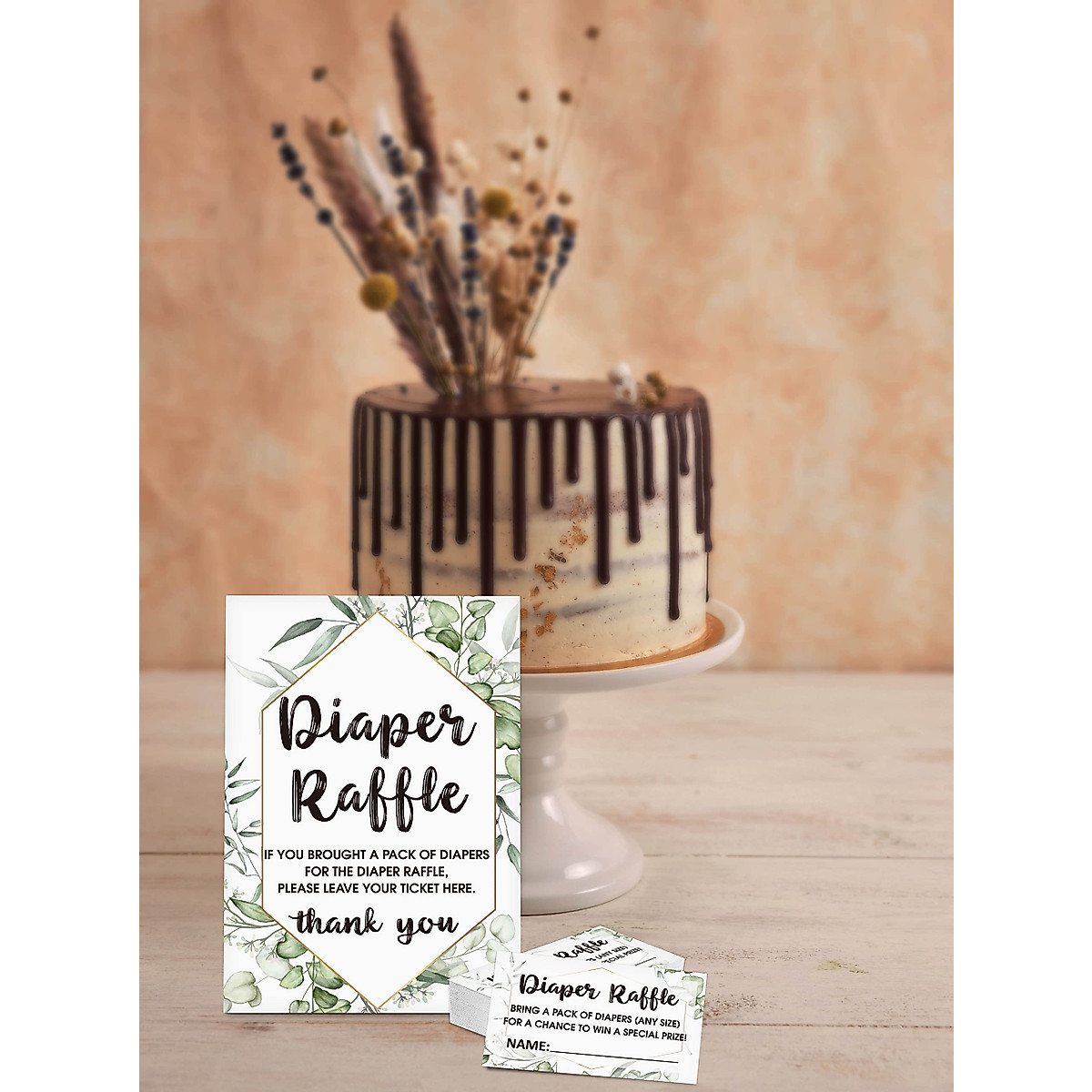 Diaper Raffle Baby Shower Game Set(1 Standing Sign + 50 Guessing Cards), Greenery Diaper Raffle Tickets for Baby Shower, Gold Foil Baby Shower Party Favor Decor - A12