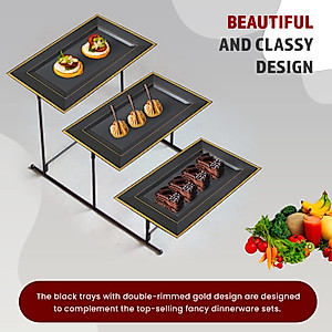 Hard Plastic Serving Tray Set, Black & Gold Rim Disposable Serving Trays & Platters for Food, Large Plastic Trays for Parties, Weddings, Food Trays for Cookies, Dessert, 8" x 13", 4 Pack