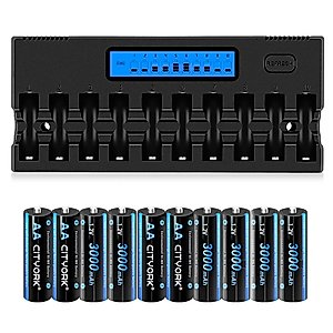 CITYORK 10 Pack 1.2V Ni-MH AA 3000mAh Rechargeable Batteries with 10 Bay AA Fast Charger with Battery Case Organizer
