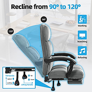 Velvet Ergonomic Office Chair with Footrest - Comfortable High Back Reclining Computer Chair for Home Office (Grey)