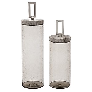 Elegant Gray Seeded Glass Decorative Jars Set 2 Cylinder Clear Marble Tall