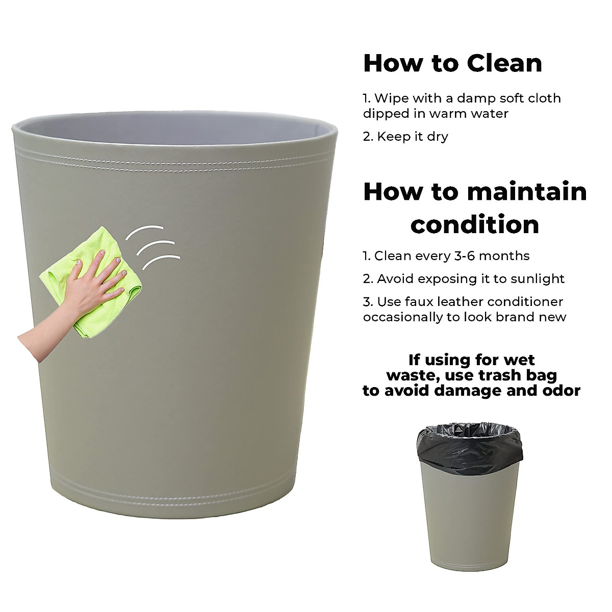 Leather Waste Basket Grey Trash Can Grey Trash Bin Grey Garbage Bin 10 Liter Trash Can Office Trash Bin Decorative Trash Can Garbage Container Home Trash Can Inside Trash Can Office Wastebasket