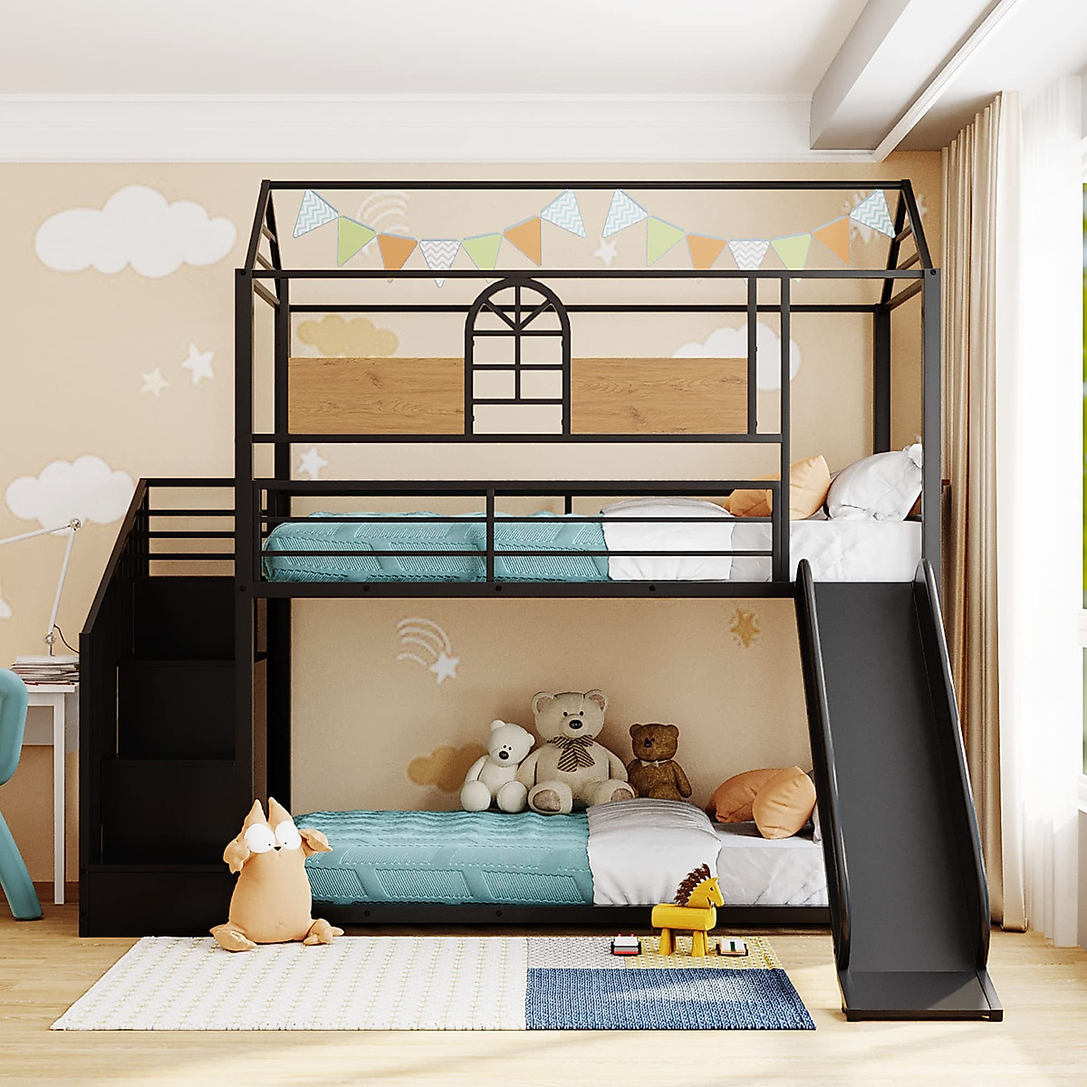 Bellemave House Bunk Bed with Slide and Stairs Twin Over Twin Floor Bunk Bed Frame Metal Playhouse Bunked with Storage Shelves for Kids Boys Girls Teens, Black with MDF
