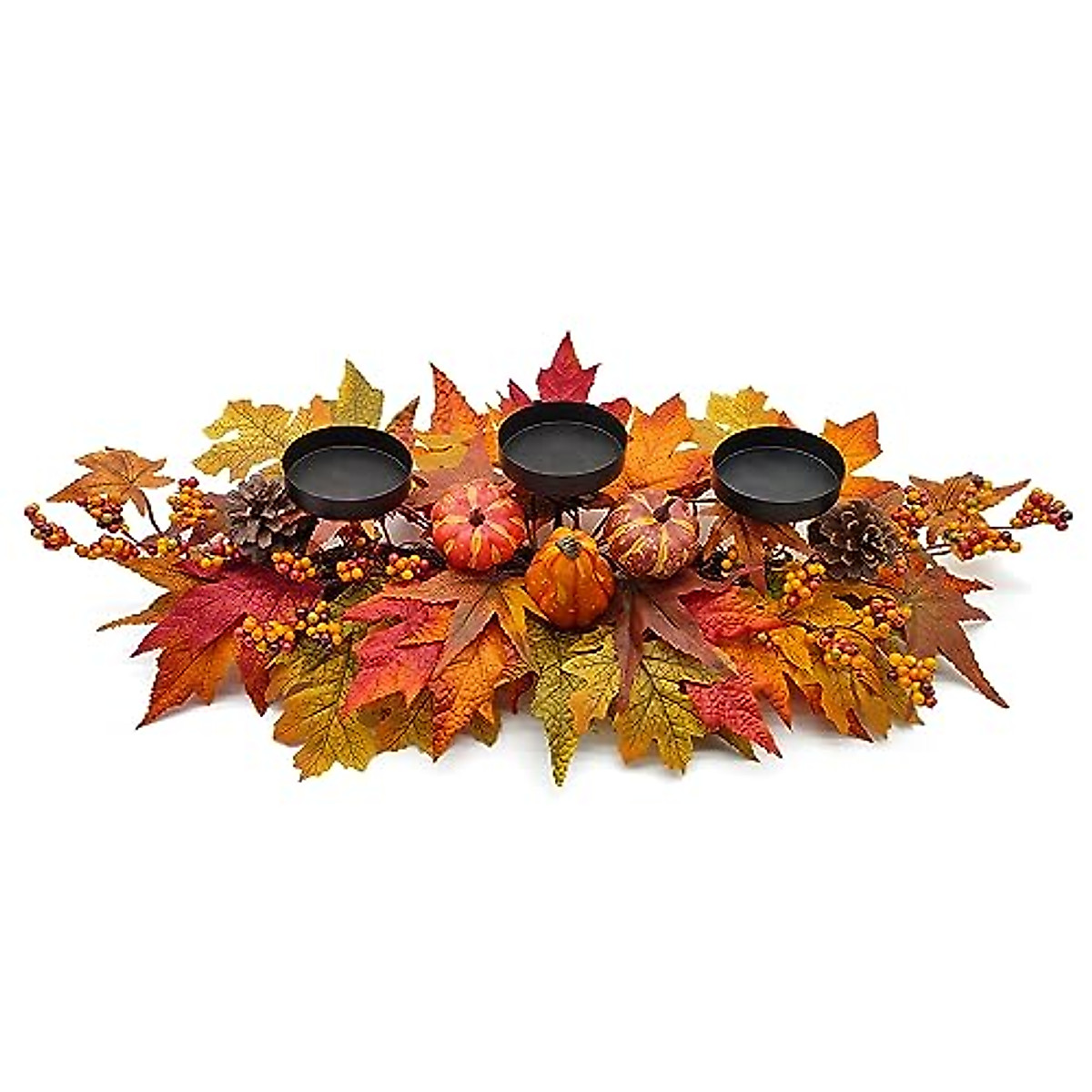 Thanksgiving Centerpiece Fall Table Decorations, Artificial Gourd, Pumpkins, Pine Cones, Maple Leaves and Berries Harvest Table Candle Holder for Dinning Table, Fireplace Mantel (Candle Not Included)