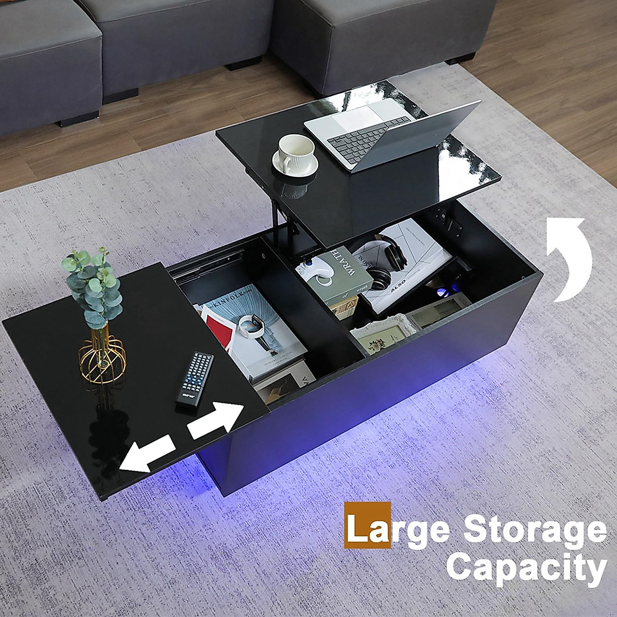 HOMMPA Lift Top LED Coffee Table, Black