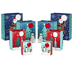 Hallmark Christmas Gift, Assorted Sizes (8 Bags: 2 Small 5", 2 Medium 8", 2 Large 11", 2 Extra Large 14") Penguins, Hedgehogs, Santa Claus, Snowmen, Trees
