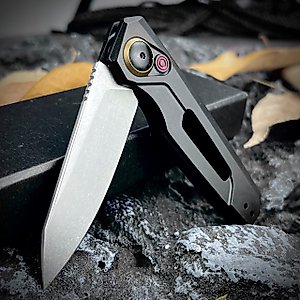 Spring Assist Button lock knife, EDC Folding Pocket Knife For Men, Stonewashed Reverse Tanto Blade, Black Aluminum Handles With Reversible Deep Carry Clip for Everyday Outdoor Camping (black handle)