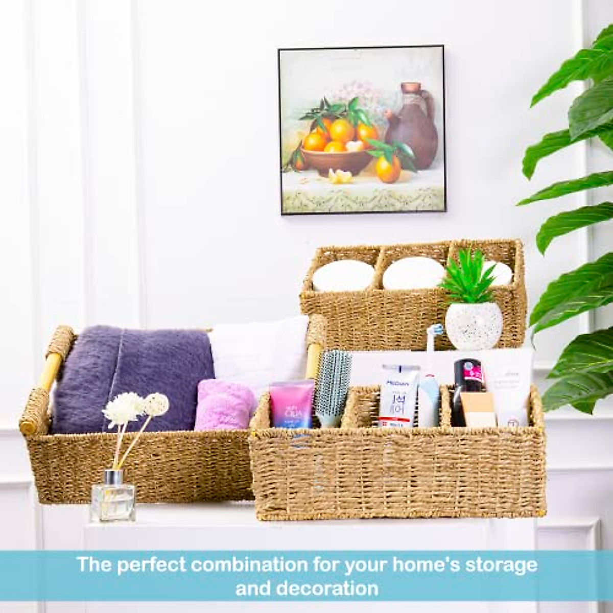 3 Compartment Storage Baskets for Organizing, Seagrass Toilet Paper Small Basket, Large Seagrass Storage Baskets for Shelves, Set of Hand-Woven Natural Wicker Storage Basket - 3 pack