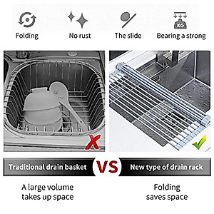 Roll Up Dish Drying Rack Drain Board Drainers, Over The Sink Dish Drying Rack for Kitchen Counter Foldable Dish Drainer Sink Rack Kitchen Organization Gadgets 17''x13'', Warm Grey