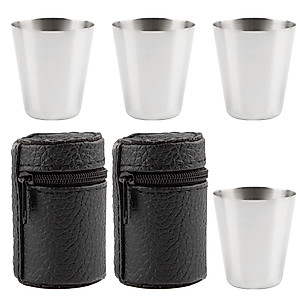 Framendino, 8 Pack Stainless Steel Shot Glass Espresso Shot Cups Barware Drinking Vessel with Black Leather Carrying Case for Home Outdoor(1 Ounce/30 ml)