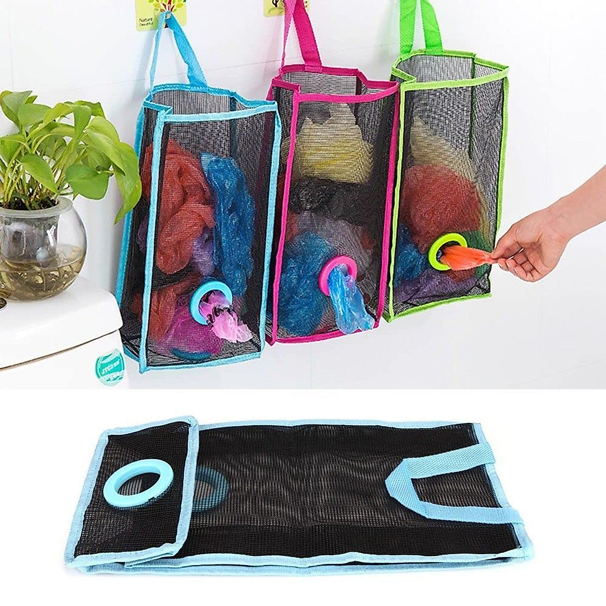 HomeSoGood 3 Pack Garbage Bag Storage Breathable Mesh Hanging Holder Foldable Recycle Plastic Bag Organizer Dispensers for Home and Kitchen