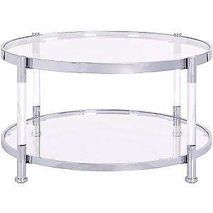Round Coffee Table with Silver Metal Base, 2-Tier Acrylic Clear Glass Coffee Table with Storage Shelf, Center Table Modern Coffee Table Tea Table Cocktail Table Living Room Table, Circle Coffee Table