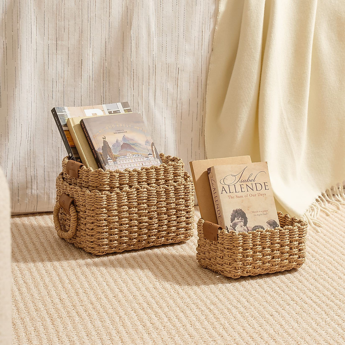 LA JOLIE MUSE Small Wicker Baskets for Organizing, Bathroom Basket with Handle, Recycled Paper Rope Storage Basket for Shelves Bathroom Cupboards Drawer, Decorative Square Basket Organizer Set of 3