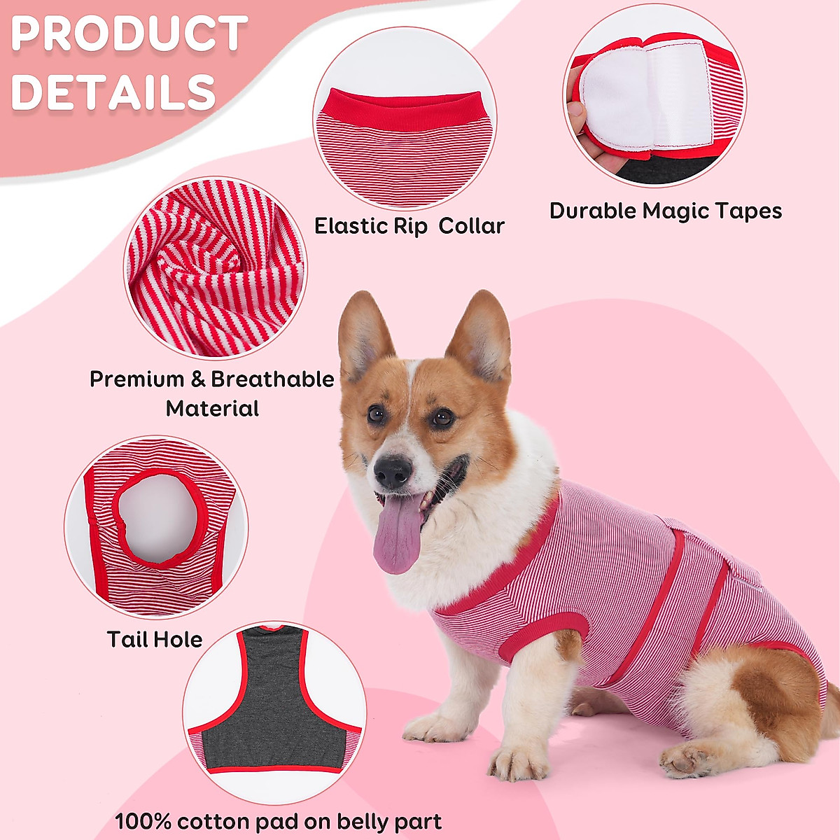 COHYVER Dog Cone, Professional Pet Recovery Shirt Dog Abdominal Wounds Bandages for Male Female, Pet Surgical Snugly Suit After Surgery, Anti-Licking Dog Onesies, Size L Red Stripes