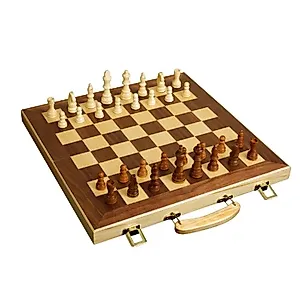 STERLING Games 16" Solid Wooden Chess Set Travel Folding Board with Brass Locks and Felted Interior Storage with Piece Holders