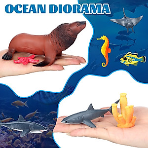 MiniInflat 39 Pcs Ocean Diorama Kit Sea Creature Toys Bulk Ocean Sea Animal Figure Toys Realistic Ocean Animal Figurines Toy Including Shark, Whale, Corals, Seagrass and More