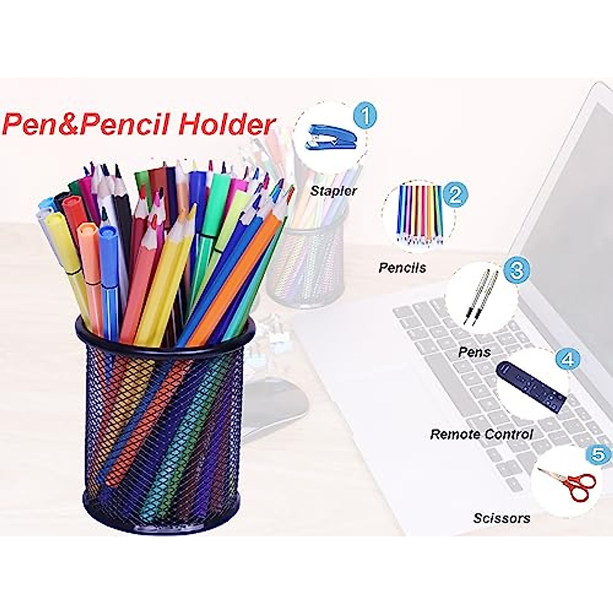 SNOW COOLER Pen Holder Mesh Pencil Holder Metal Pen Holder Pencil Holder for Desk Office Pen Organizer Black, 4 Pack