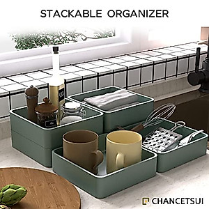 6 Pcs Stackable Drawer Organizer Set, 6.6" X 6.6" Square Plastic Vanity Drawer Organizers and Storage Bins,Desk Drawer Organizer Trays for Makeup,Bathroom Countertop,Office Drawer Divider,Forest Green