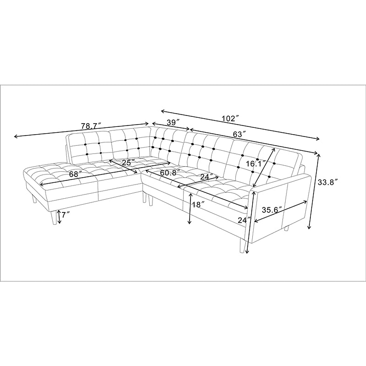 ASHCROFT Lucille Modern Living Room Top Leather Corner Sectional Couch in Cognac Tan