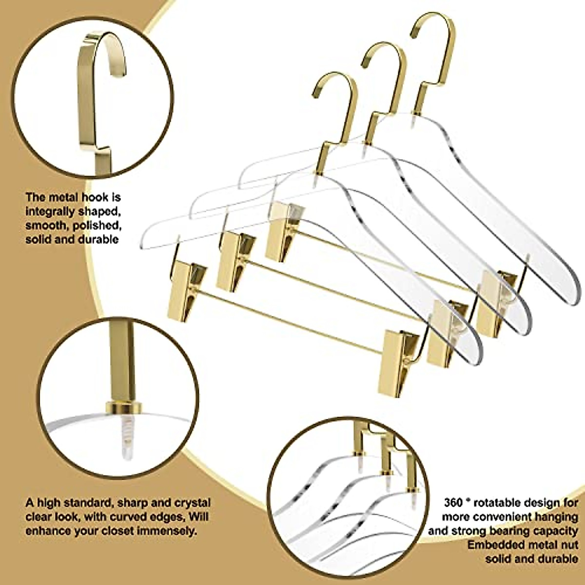 Quality Clear Acrylic Skirt Pant Hangers with Clips – 4 Pack, Stylish Clothes Hanger with Gold Hooks - Coat Hanger for Dress, Suit - Closet Organizer Adult Hangers - Cloth Hangers (Gold Hook, 4)