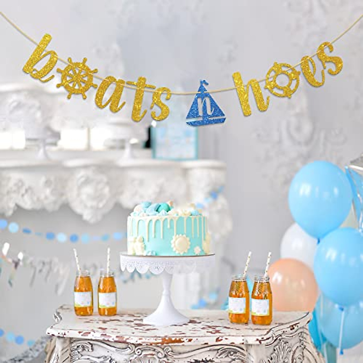 Dalaber Gold Glitter Boats N Hoes Banner - Funny Nautical Theme Birthday Decoration - Cruise Theme Wedding/Engagement/Bridal Shower/Bachelorette Party Decor Banner Photo Booth Prop