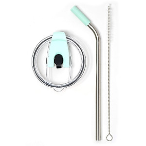 Spill Proof Tumbler Lid with Angled Stainless Steel Straw + Silicone Straw Tip + Straw Cleaning Brush for Yeti Rambler or Ozark Trail Tumblers (20oz, Seafoam)