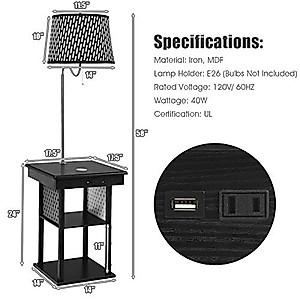 Costzon Floor Lamp, Swing Arm Lamp w/Wireless Charger, Side Table, 2 USB Ports, Open Shelves & Shade, Modern Bedside Nightstand Lighting for Living Room, Bedroom, Guest Room, End Table Lamp (Black)