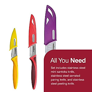Zyliss 3 Piece Mini Santoku Knife Set with Sheath Covers, Stainless Steel/Pur...