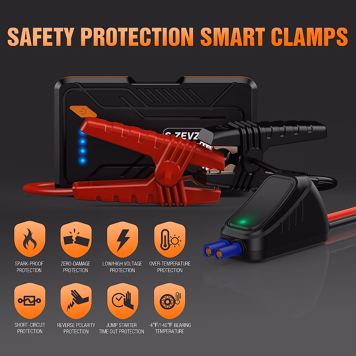 S ZEVZO Jump Starter 1000A Peak Portable Jump Starter for Car (Up to 7.0L Gas/5.5L Diesel Engine) 12V Auto Battery Booster Pack with Smart Clamp Cables, USB Charge, LED Flashlight Jump Box