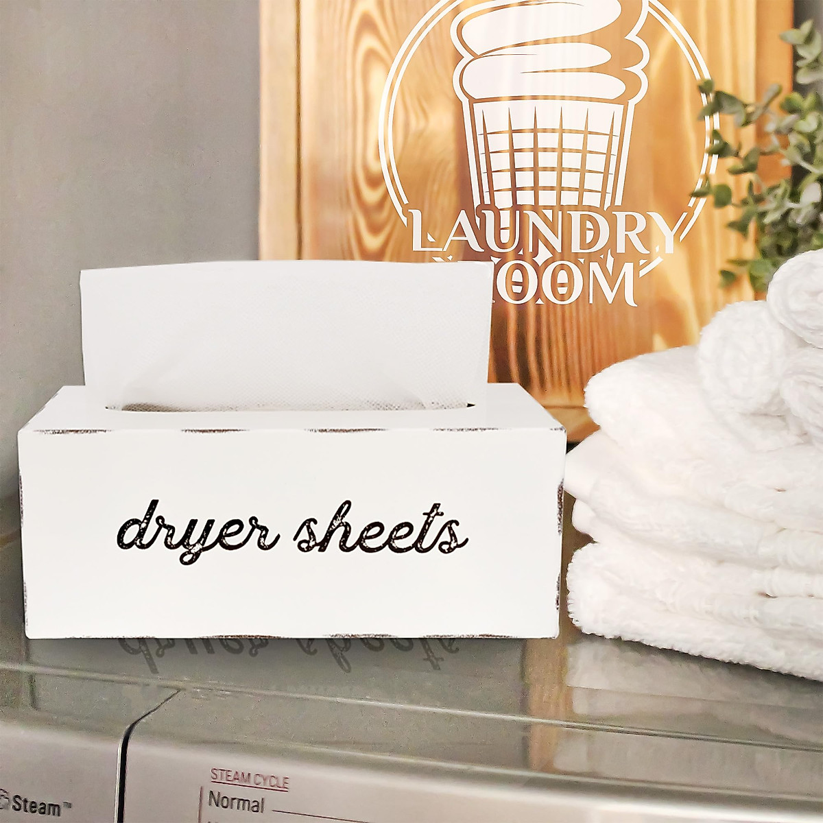 AuldHome Dryer Sheet Dispenser; Countertop Rustic White Fabric Softener Sheet Holder for Laundry Room